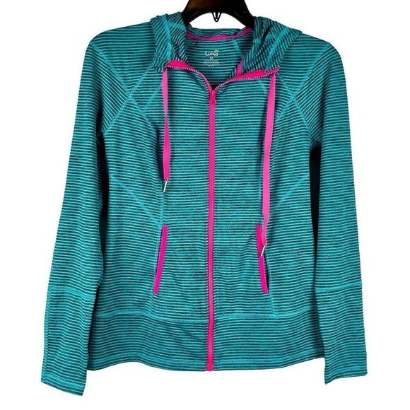 lukka | Jackets & Coats | Lukka Stripeteal Neon Pink Hooded Full Zip ...